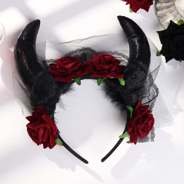 HALLOWEEN COW HORNS Headband Sheep Horn Headband Red Rose Headband ...