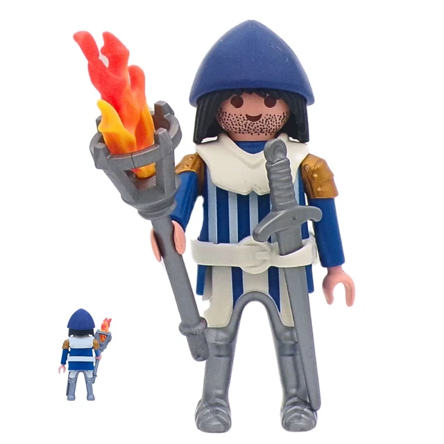 PLAYMOBIL FIGURINE GUERRIER bleu/blanc torche épée médiévale château ...