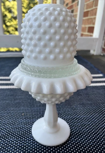 VINTAGE FENTON WHITE Hobnail Milk Glass Pedestal Fairy Lamp Light £192. ...