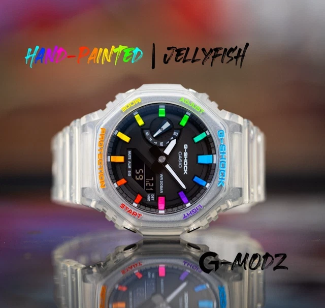 HAND-PAINTED CASIO G-SHOCK GA-2100 Rainbow Jellyfish CasiOak Mod Custom ...