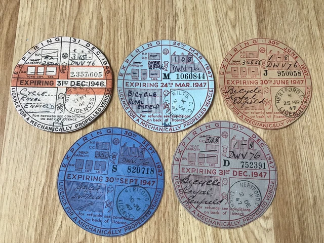5 X ORIGINAL Vintage Royal Enfield Motorcycle Road Tax Disc 1946 & 1947 ...