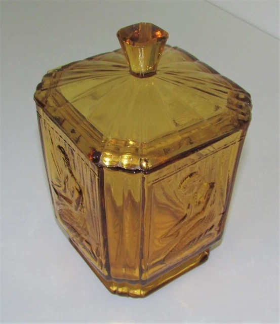 ART DECO 1930S Sowerby Pressed Glass Pandoras Biscuit Box Amber Colour ...