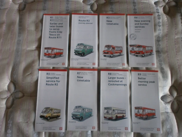 8 LONDON TRANSPORT Timetable Leaflets-Routes R1+11, R2, R3, R4, R5, R7 ...