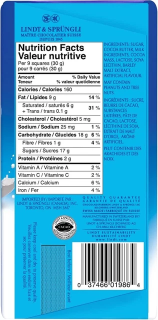 LINDT SWISS CLASSIC Milk Chocolate Bar, 100g Pack of 1 $6.99 - PicClick CA