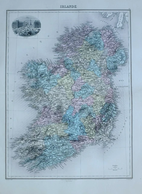 1890 HAND COLOURED Map Ireland Dublin Londonderry Galway Cork Donegal ...