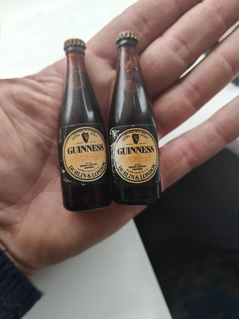 2 VINTAGE GUINNESS Miniature Glass Bottles Breweriana Man Cave Bar Beer ...