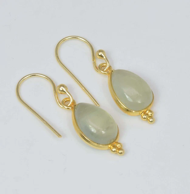 925 Solid Sterling Silver 24ct Gold Overlay Green Prehnite Hook Earring
