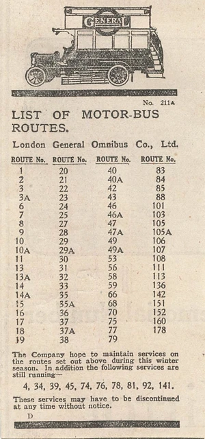1914 LONDON GENERAL Omnibus List of Motor Bus Routes, Original WWI ...