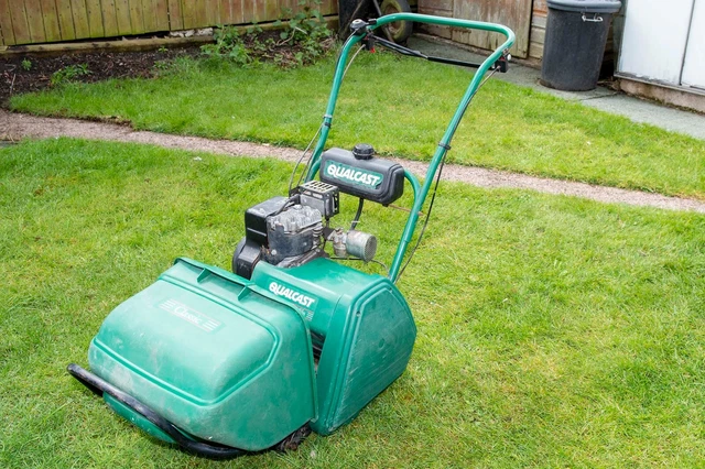 WORKING QUALCAST CLASSIC 35S Petrol Lawnmower and unused Scarifier ...