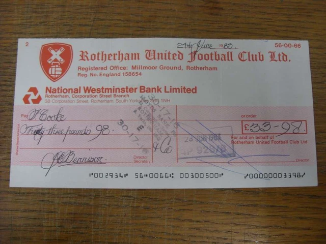 24/06/1983 ROTHERHAM UNITED: Official Used Bank Cheque - Paul Cooke ...