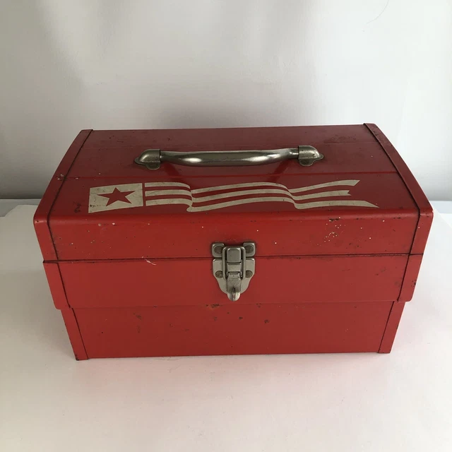 RED METAL TOOL Box with Tray Flag Star Logo Vintage £38.18 - PicClick UK