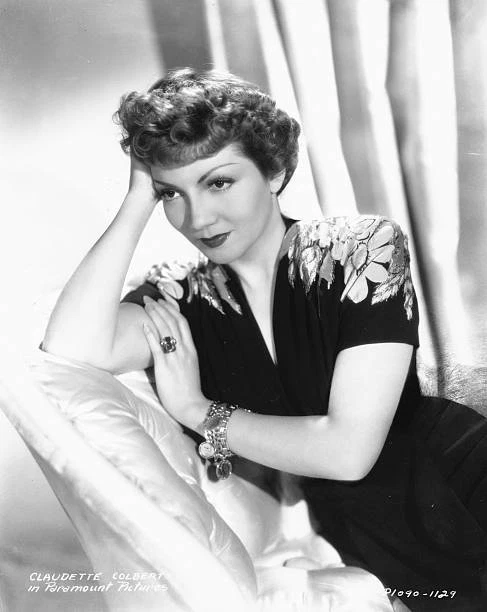 ACTRESS CLAUDETTE COLBERT, wearing a dress with patterned shoul - 1938 ...