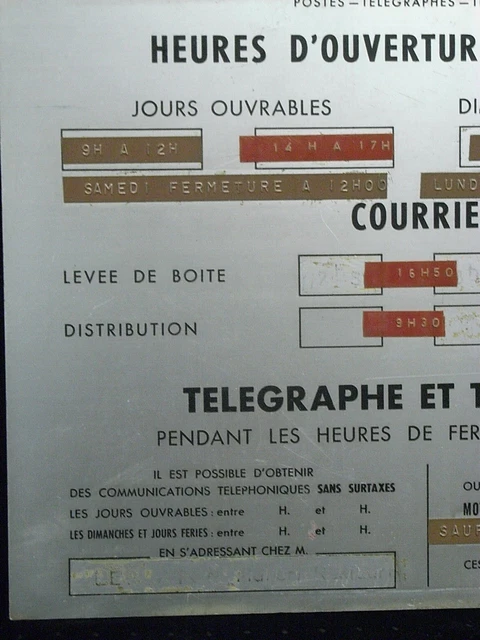 ANCIENNE PLAQUE PUBLICITAIRE Horaire Ouverture Bureau Telegraphe ...