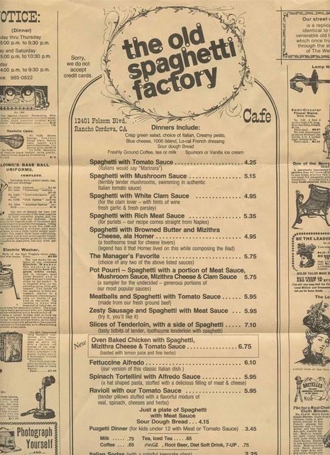 THE OLD SPAGHETTI Factory Menu 1980's Rancho Cordova California Nimbus ...