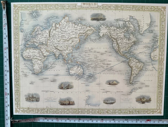 ANTIQUE OLD PICTURE map 1800s: World on Mercator's Projection: Tallis ...