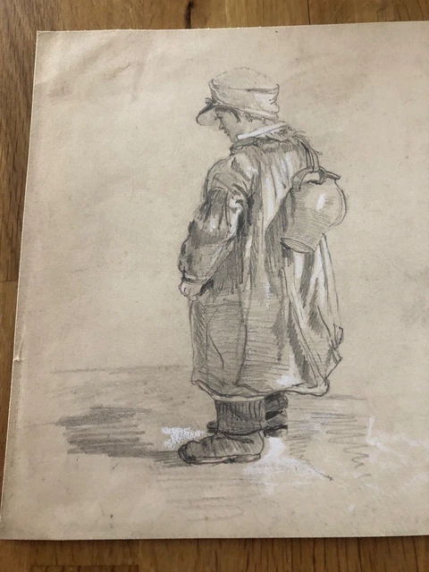 VICTORIAN PENCIL DRAWING of a boy collecting milk with a cow £65.00 ...