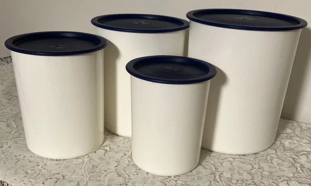 VINTAGE TUPPERWARE ONE-TOUCH Nesting Canisters Set of 4 White with Blue ...