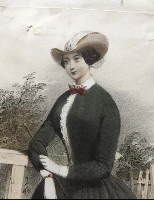 ANTIQUE VICTORIAN HAND Coloured Fashion Print Engraving Lady With Crop ...