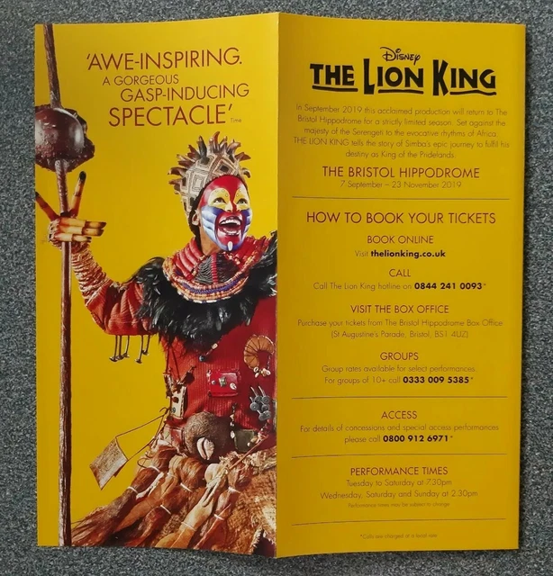 DISNEY THE LION King - Promotional Flyer For Bristol Hippodrome Sept ...