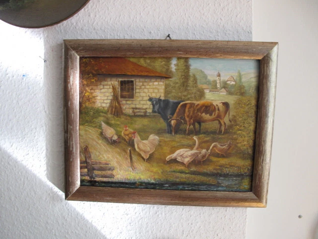 GEMÄLDE ACRYL? Leinwand Sperrholzplatte Bauernhof Kühe Ente Hüne sign. 47x37cm EUR 45,00 ...