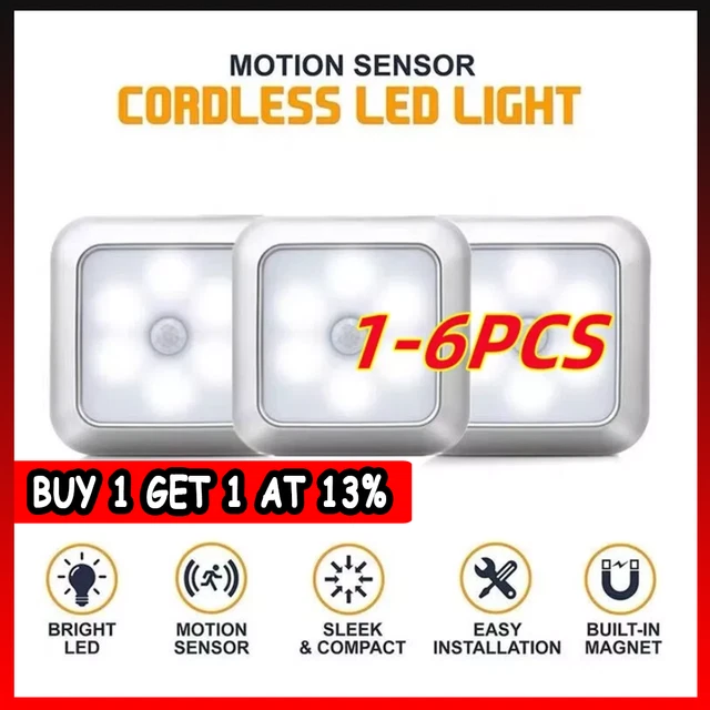 6 LED MOTION Sensor Lights PIR Wireless Night Light Battery Cabinet ...
