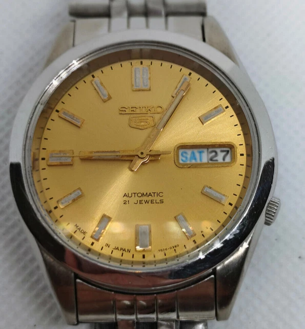 SEIKO 5 7S26-00X0 21Jewel Gents Automatic Watch Gold Dial in VG Working ...