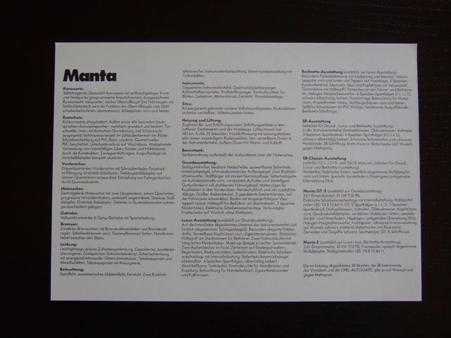 PROSPECTUS SUPPLEMENT - Opel Manta (B) technical details + equipment 8/ ...