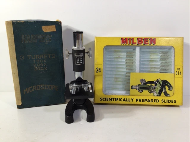 VINTAGE HARPERS 3 Turret Microscope Original Box & Milben Prepared ...