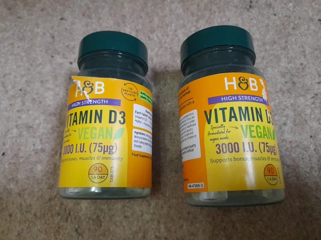H&B HIGH STRENGTH Vegan Vitamin D3 X2 Bottles Of 90 Tablets Dated BBE ...