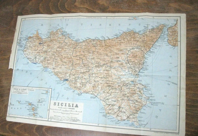 STAMPA ANTICA MAPPA pianta SICILIA ISOLE DI LIPARI EOLIE SALINA VULCANO ...