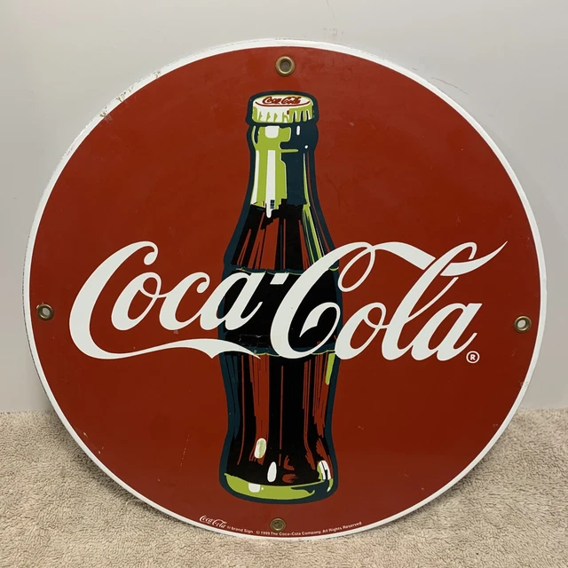 COKE COCA COLA Round Flat Sign 11 3/4" Porcelain 1999 4 Metal Grommet ...