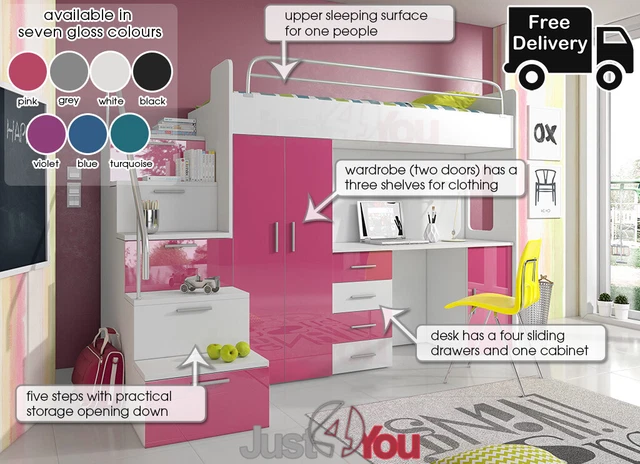 MODERN CABIN BED High Sleeper Loft Bed Storage Boy Girl Bedroom Set ...