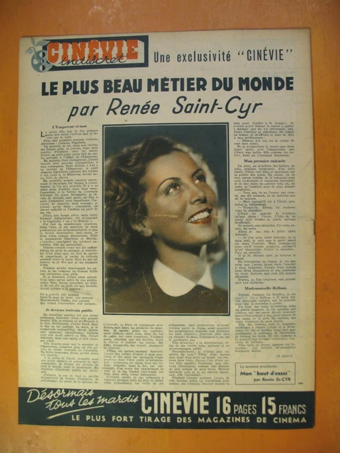 CINÉMONDE N° 54 du 08/10/1946- Josette Day dans la "Belle". Renée Saint ...
