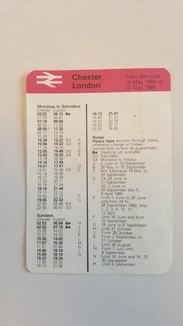 BRITISH RAIL POCKET Timetable Chester London 14 May 1984 to 12 May 1985 ...