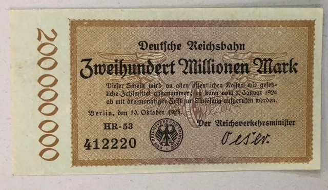 DEUTSCHE REICHSBAHN ZWEIHUNDERT Millionen Mark Berlin 1923 EUR 9,95 ...