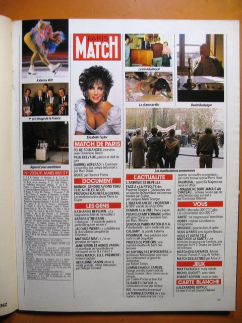 PARIS MATCH N° 2024 du 11/03/1988- Elizabeth Taylor. Armenie. Cobayes ...