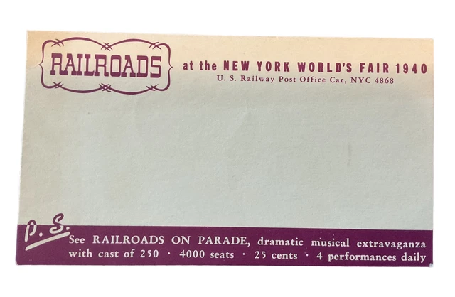 1940 NY WORLDS Fair Railroads US Railway Post Office Car Envelope Card ...