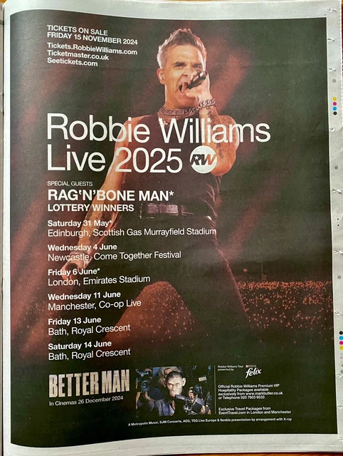 ROBBIE WILLIAMS LIVE Tour Ad 2025 Original News Advert Poster Full Page ...