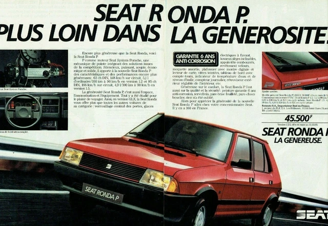 PUBLICITÉ ADVERTISING 1220 1985 Seat Ronda P la généreuse 2p EUR 3,50 ...
