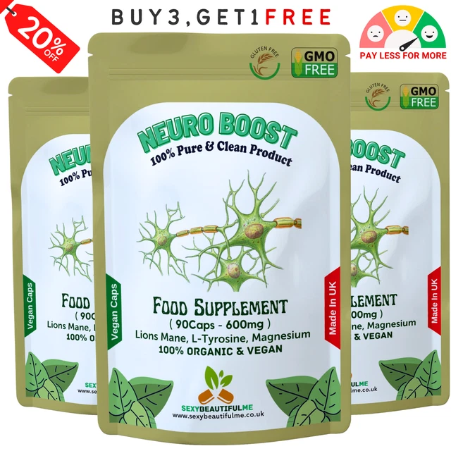 NEURO BOOST CAPSULES-500MG-LIONS Mane, L-Tyrosine, Magnesium Supplement ...