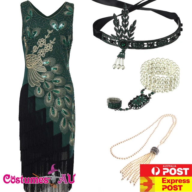 Deluxe Ladies 20s 1920s Roaring Flapper Costume Sequin Gatsby Green