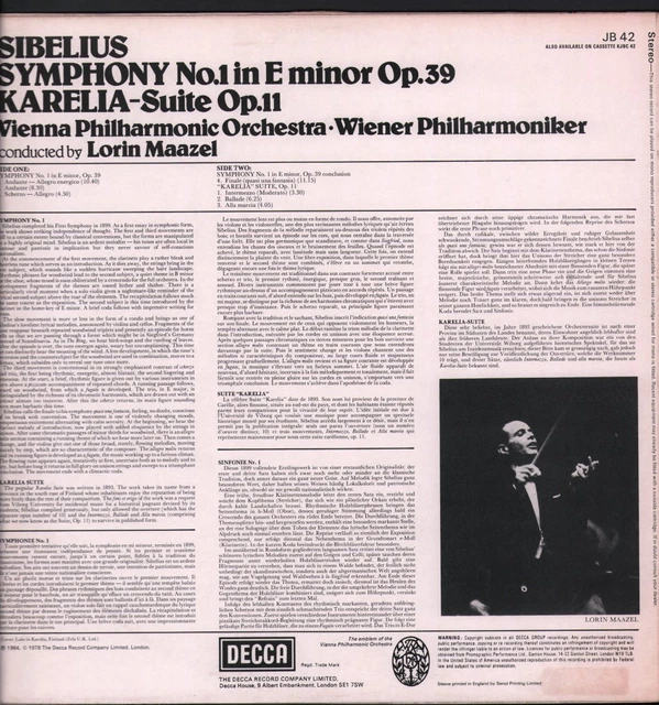 JB42 LORIN MAAZEL / Vienna Philharmonic Orchestra Sibelius - Symphony No.1 In E £3.70 - PicClick UK