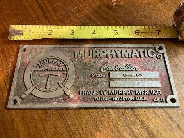 VINTAGE MURPHY SWICHGAGE Murphymatic Model C-6065 Metal Plate $5.00 ...