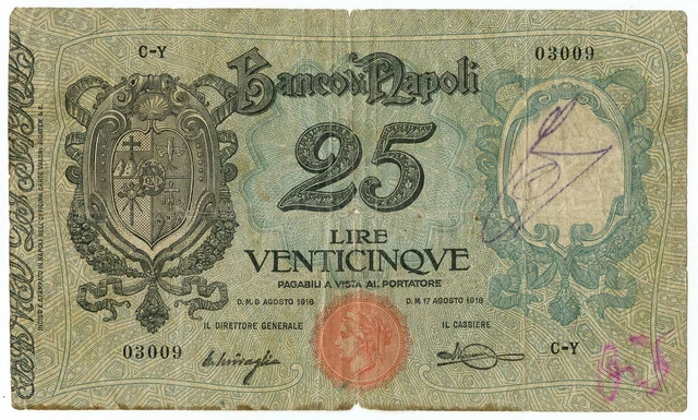 25 LIRE BANCO Di Napoli Biglietto Al Portatore 17/08/1918 Mb+ EUR 12,50 ...