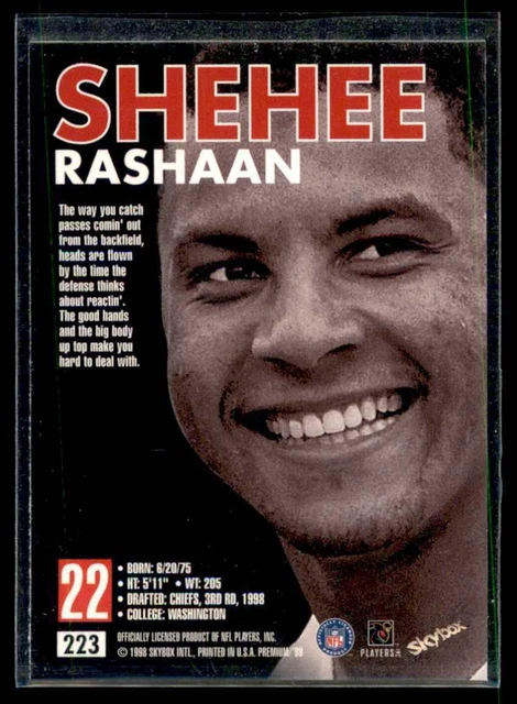 1998 SKYBOX PREMIUM Rashaan Shehee RC Kansas City Chiefs #223 EUR 2,35 ...