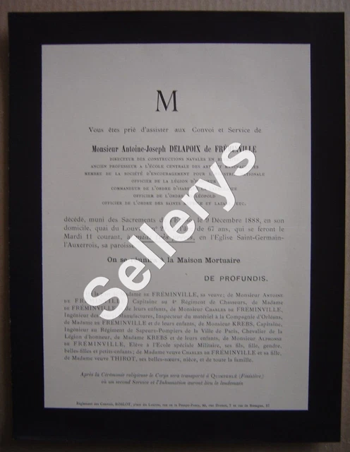 FAIRE-PART DE DÉCÈS de Monsieur Antoine Joseph Delapoix de Fréminville 1888 EUR 24,90 - PicClick FR