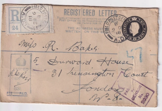 WW1 KGV 2D Registered Letter Field Post Office AD1 France 1918 Censored ...