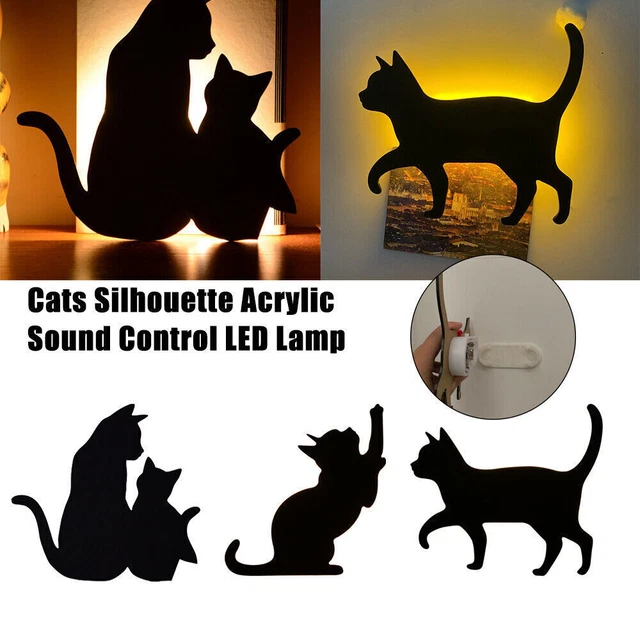 CAT SILHOUETTE ACRYLIC Wall Light Sound Control LED Lamp Bedroom Night ...