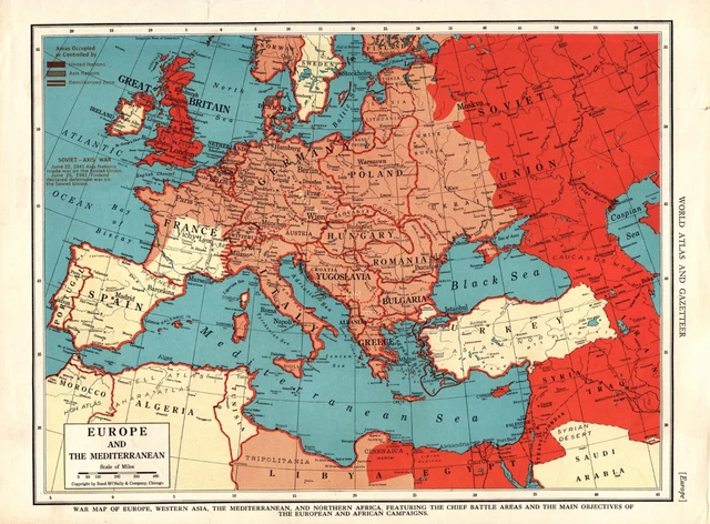 1942 ANTIQUE WARTIME Europe Map WWII Occupation Map Gallery Wall Art ...