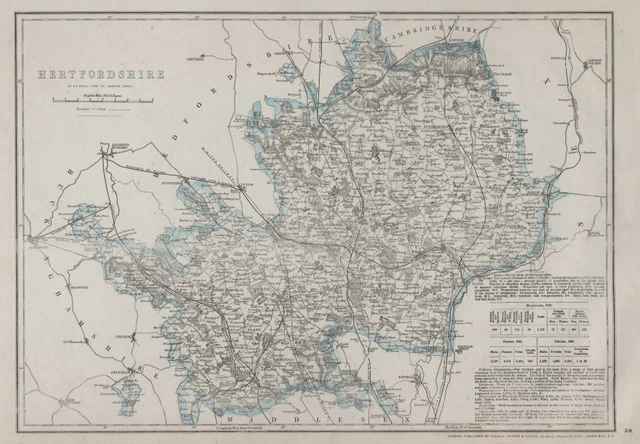 HERTFORDSHIRE ANTIQUE COUNTY map. Shows 2 exclaves. Railways.BR DAVIES ...